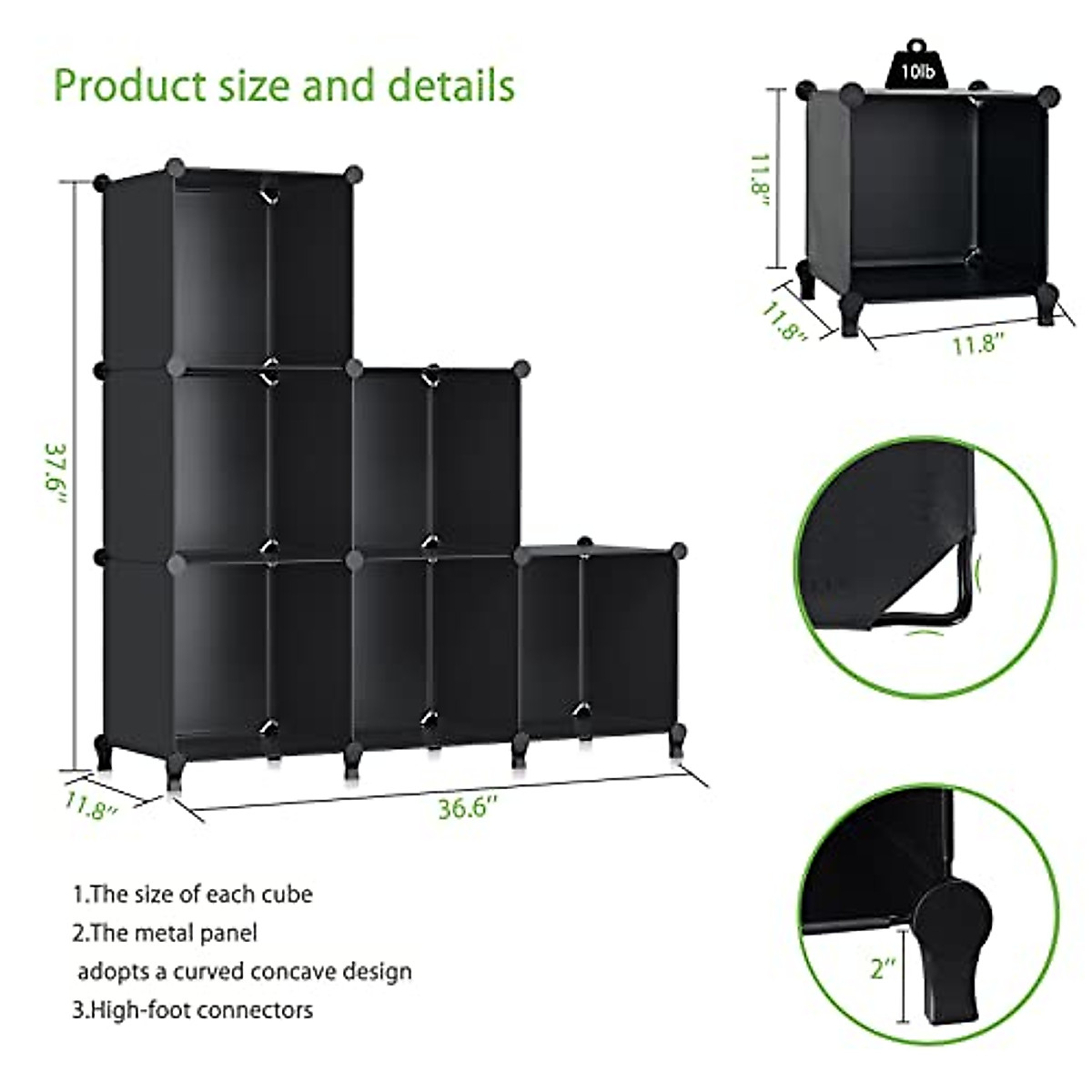 FUNLAX Cube Storage Organizer, 12x12 inches 6 Cube Shelves Units, Closet Storage Organizer System, Expandable Corner Book Shelf Shelving Stackable Closet Shelves for Bedroom, Living Room, Office Black