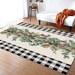 Rectangular Rug Living Room Area Rug - Christmas Winter Poinsettia and Berries Carpet Non-Slip Backing Area Rug Indoor Rug Bedroom Playroom Carpet Floor Mat, 2'x3'