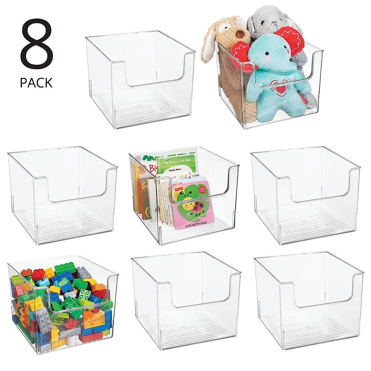 mDesign Plastic Household Storage Organizer Bins with Open Dip Front for Kitchen, Bedroom, Bathroom, Office, Craft or Playroom Organization - Hold Toys, Books, Legos - Ligne Collection, 8 Pack - Clear