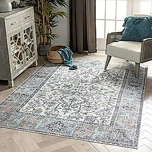Well Woven Macon Ivory Machine Washable Vintage Style Updated Classic Distsressed Persian Area Rug (5'3" x 7'3")