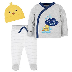 Canticos Unisex-Baby boys 3-piece Take-me-home Shirt, Footed Pant, Cap and Toddler Layette Set, Grey, Newborn US