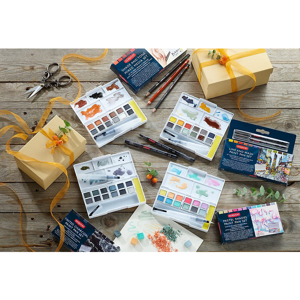 Derwent Tinted Charcoal Paint Pan Set, 12 Paints, Professional Quality, Water Soluble, Blendable, Portable, Includes Palettes, Mini Waterbrush & Cleaning Sponge (2305872) 1 Count (Pack of 1)