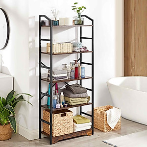 Vagusicc 5 Tier Bookshelf with 2 Storage Baskets, Tall Bookcase Shelf Storage Organizer Wood Book Shelf, Modern Shelf Rack Shelves with Steel Frame, Multipurpose Bookshelf for Bedroom Living Room