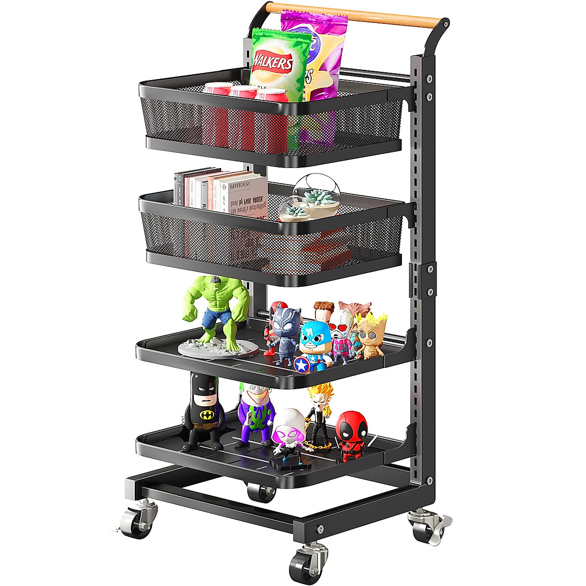 4 Tier Rolling Cart, Hanging Adjustable Utility Cart for Kitchen Pot Holder Office Laundry Bathroom, Black