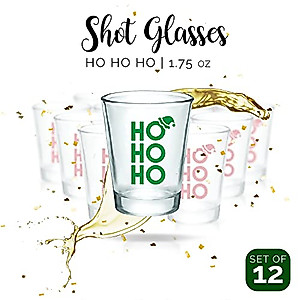 Ho Ho Ho - 6 Red and 6 Green Christmas Shot Glasses - Set of 12 Glass Party Shot Cups with Double-Sided Prints - Holiday Cocktail Glasses for Drinking Liquor, Tequila, Vodka