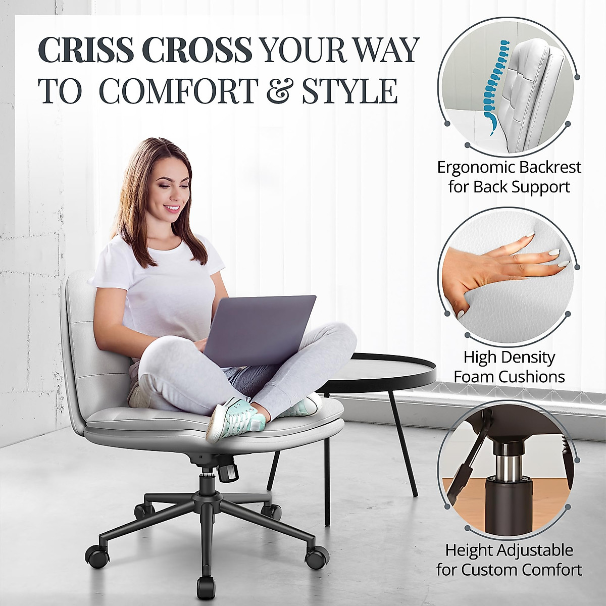 Criss Cross Desk Chair for Cross Legged Sitting, Easy to Assemble White Criss Cross Chair with Wheels - Premium Detachable Wheel and Swivel Design, Cozy Ergonomic Office Chair with Wide Comfy Seating