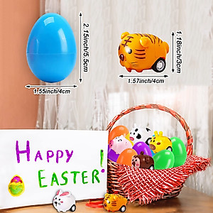 JIALWEN 12 Pack Easter Eggs Filled with Animal Pull Back Toy Cars, Easter Basket Stuffers Surprise Easter Gifts Hunt Theme Party Favors Classroom Prize Supplies