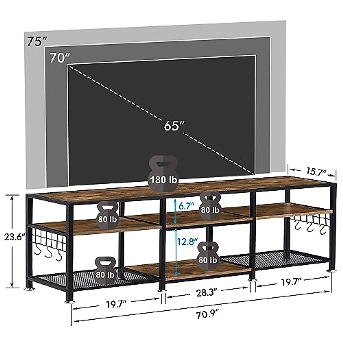 VECELO TV Stand for Televisions up to 75 Inch, Industrial Entertainment Center with 3-Tier Open Storage Shelves& Hooks for Living, Bedroom and Gaming Room, 70 Inch, Brown