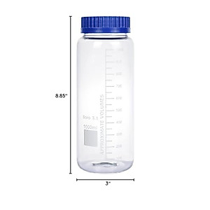 Pastein 2 Pack 1000 mL Wide Mouth Graduated Round Borosilicate Reagent Media/Storage Lab Glass Bottle With GL70 Blue Polypropylene Screw Cap