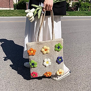 100% Handmade Pom Pom Flowers Straw Tote, Organic Knitted Flowers Womens Bag (Light beige)