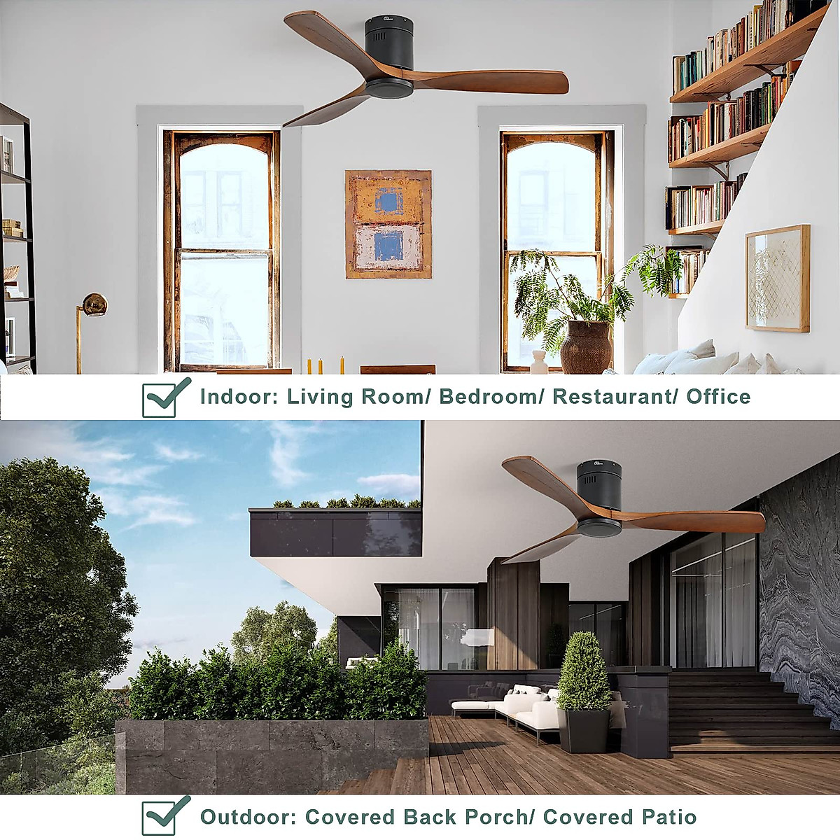 Sofucor 52" Flush Mount Ceiling Fan no Light and Remote Control, Indoor Outdoor Ceiling Fans Without Light, Quiet Energy Saving with 6 Speeds, Timer, Brown