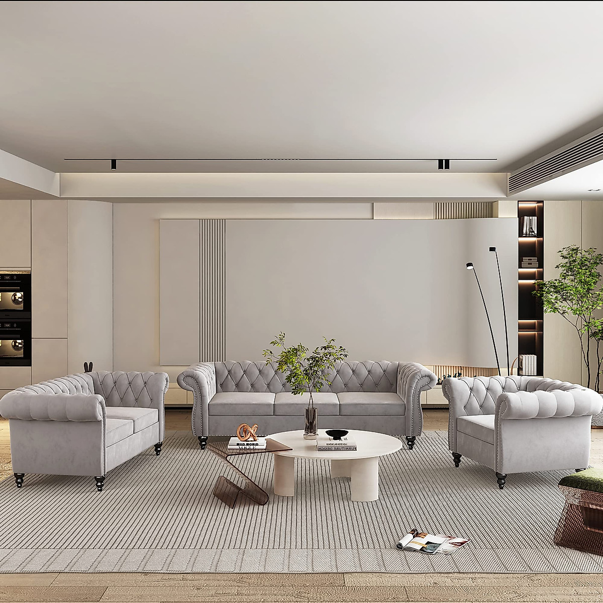 3 Piece Living Room Set, Velvet Chesterfield Sofa Loveseat Couch Chair with Scroll Arms and Nailhead for Living Room, Office (Grey)