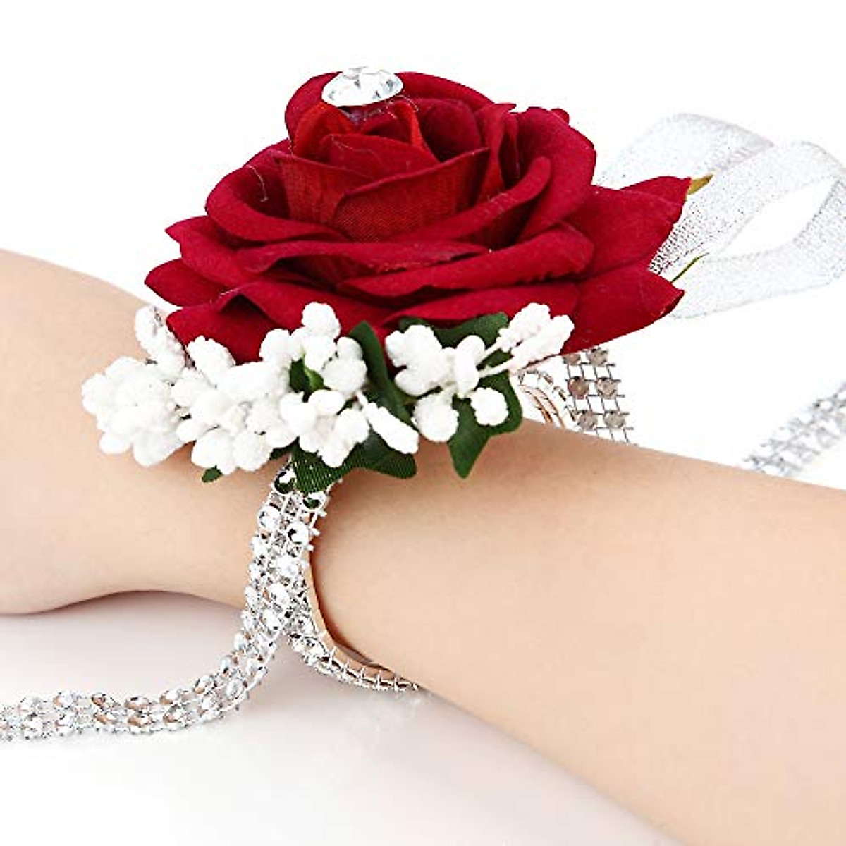 FAYBOX Velvet Open Rose Silvery Bling Ribbon Rhinestone Stretch Bracelet Wedding Prom Wrist Corsage Hand Flower Pack of 4 Red