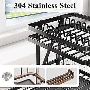 Dish Drying Rack - Large 2 Tier Dish Racks for Kitchen Counter, Collapsible Dish Drainer with Utensil Holder for Dishes, Knives, Spoons and Forks, Black