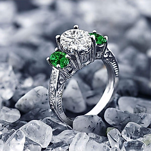Gem Stone King 2.80 Cttw White Moissanite and Green Created Emerald 3-Stone Engagement Ring In 925 Sterling Silver | 3 Stone Wedding Anniversary Promise Ring For Women (Size 6)