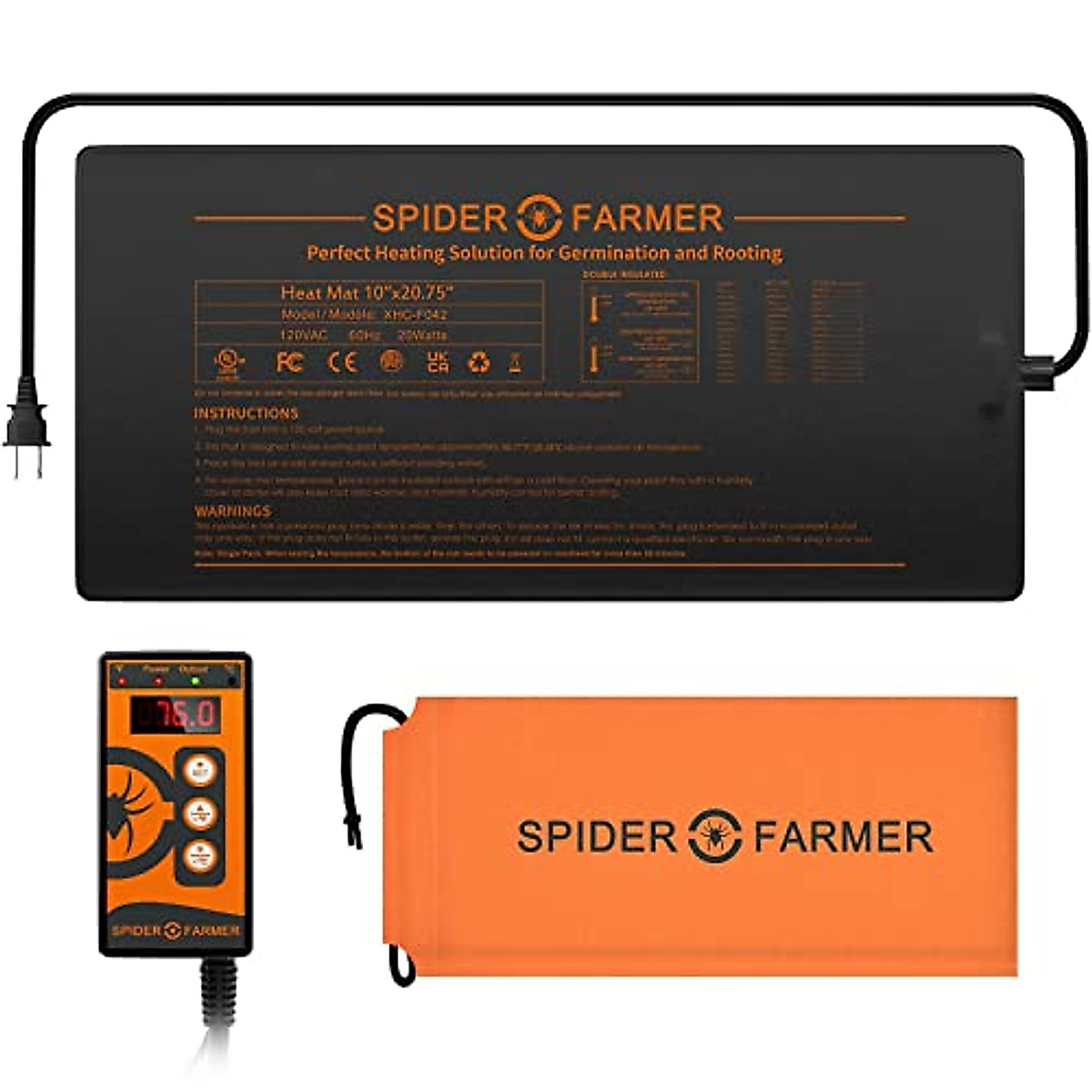 Spider Farmer Seedling Heat Mat Kit 10"X20.75" and Digital Heating Mat Thermostat Controller Combo Set Waterproof for Indoor Seeding and Germination