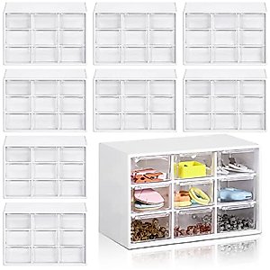 Rtteri 9 Pieces Mini Drawer Organizer Plastic Desktop Storage Box Desk Craft Organizer with 9 Clear Drawers for Office Home Jewelry Small Parts Belongings Cosmetics Collection, Wall Mounted (White)