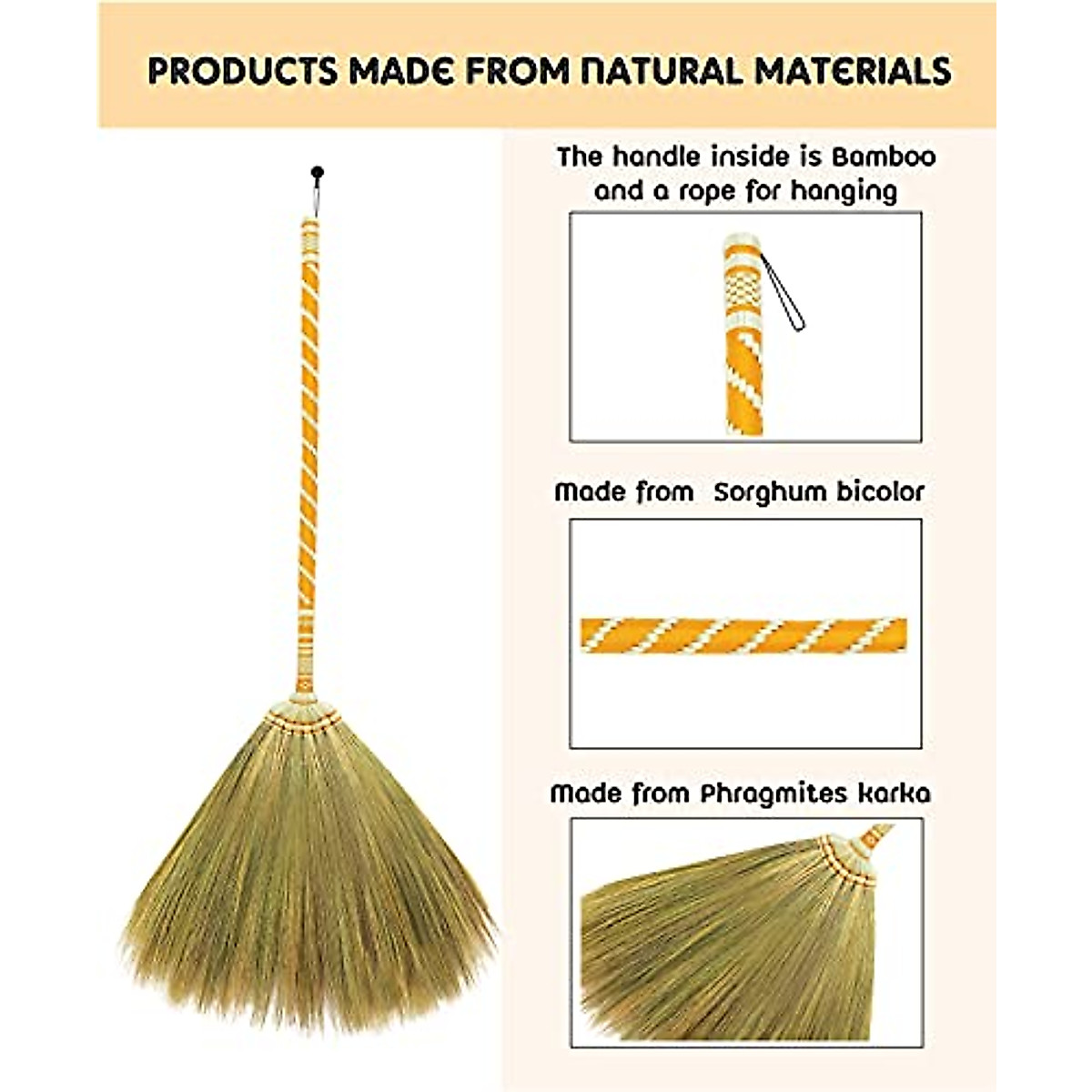 Asian Straw Broom Thai for Cleaning Floor,Housewarming Gift,Thai Vintage Retro Grass Broom Stick, Hardwood Sweeper with Brush Power and Circle Cleaning ( Length 40 inch )