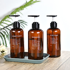 BasedFloor Shampoo and Conditioner Dispenser -3pcs 16.9oz/500ml Amber Plastic Empty Refillable Pump Lotion Bottle Containers Set for Bathroom Shower Body Wash