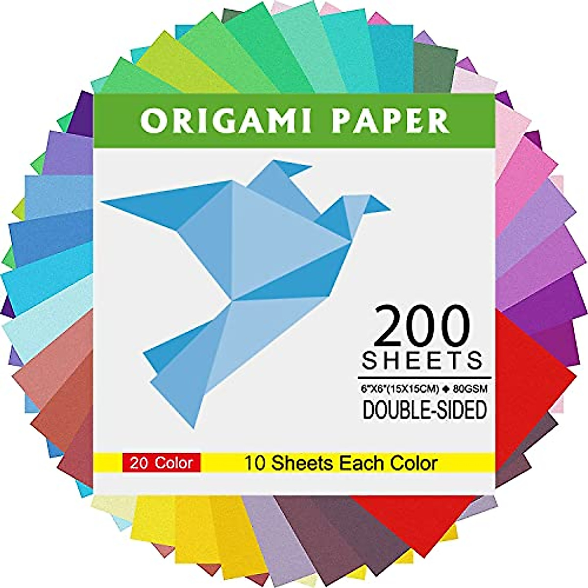 Origami Paper Double Sided Color - 200 Sheets - 20 Colors - 6 Inch Square Easy Fold Paper for Beginner