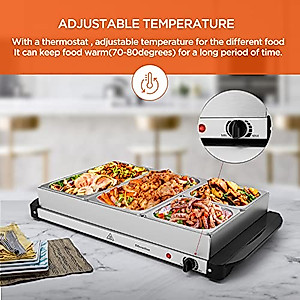 Eficentline 7.5Qt Buffet Server and Warmer,Electric Food Warmer for Parties,Stainless Steel Warming Trays with Adjustable Temperature,2x 2.5 Qt & 2x1.25 Qt Warming Pans,2 x Silicone Kitchen Tongs