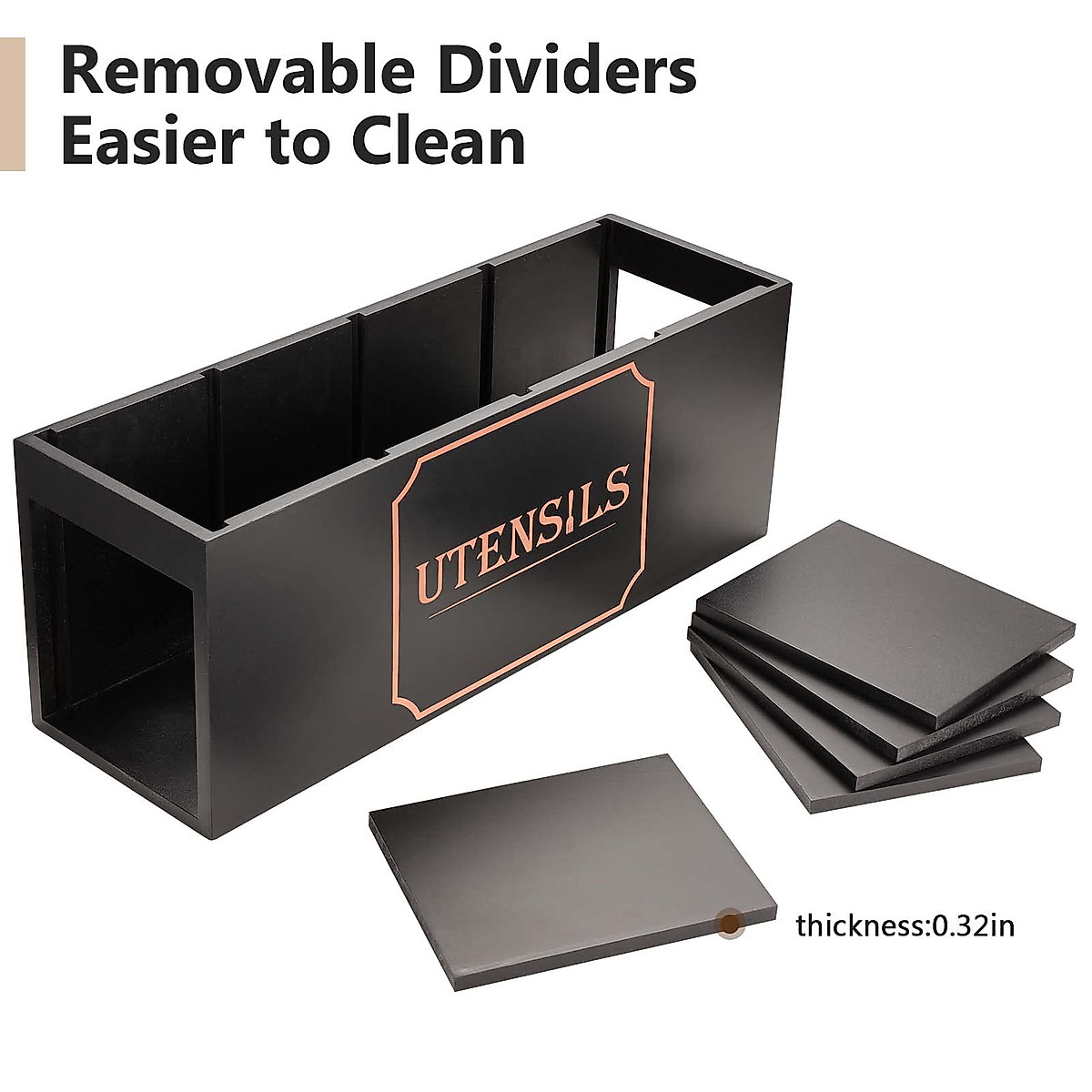 Yumkfoi Extra Large Utensil Holder with 4 Compartments, Wooden Farmhouse Utensil Organizer for Kitchen Counter, Rustic Cooking Utensil Crock Countertop Utensil Caddy Spatula Holder (Classic Black)