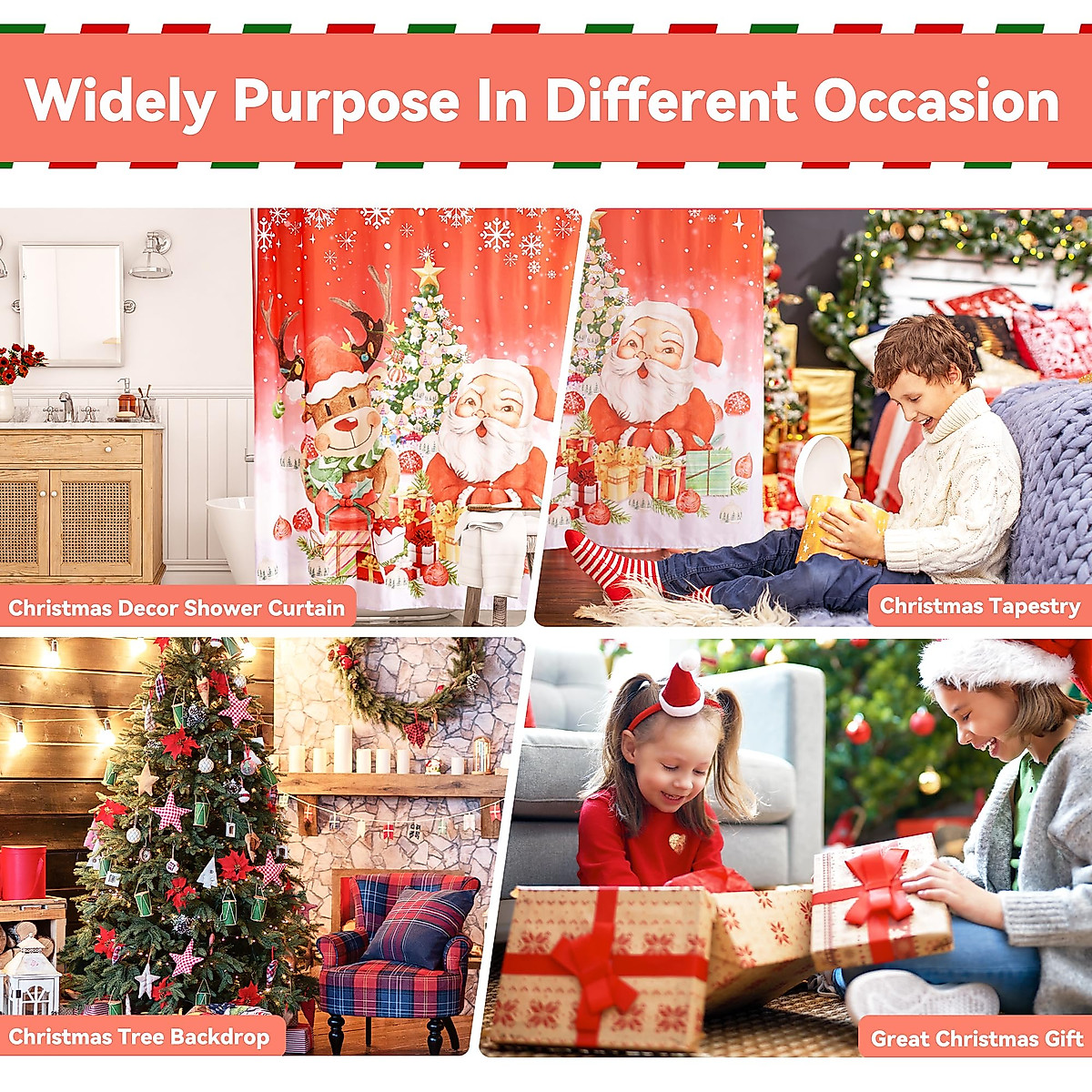 CZL Christmas Shower Curtain, Santa Shower Curtain, Santa Claus with Reindeer Shower Curtain, Winter Snowflake Merry Christmas Shower Curtain with 12 Hooks, Rustic Farmhouse Home Decor, 72 x 72 inch