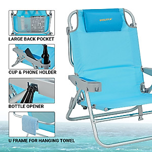 #WEJOY 2 Pack Oversized Backpack Beach Chair, 5 Adjustable Folding Reclining Beach Chairs,Portable High Back Low Chair with Backpacking Strap,Bottle Opener,Phone&Cup Holder for Camping Sand,300 Lbs