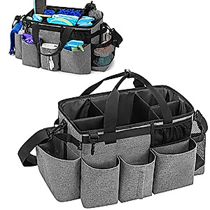 LoDrid Wearable Cleaning Caddy Bag with 4 Foldable Dividers, Cleaning Supply Tote for Cleaning Supplies, Cleaning Organizer with Shoulder Strap and Side Handles for Cleaners & Housekeepers, Grey
