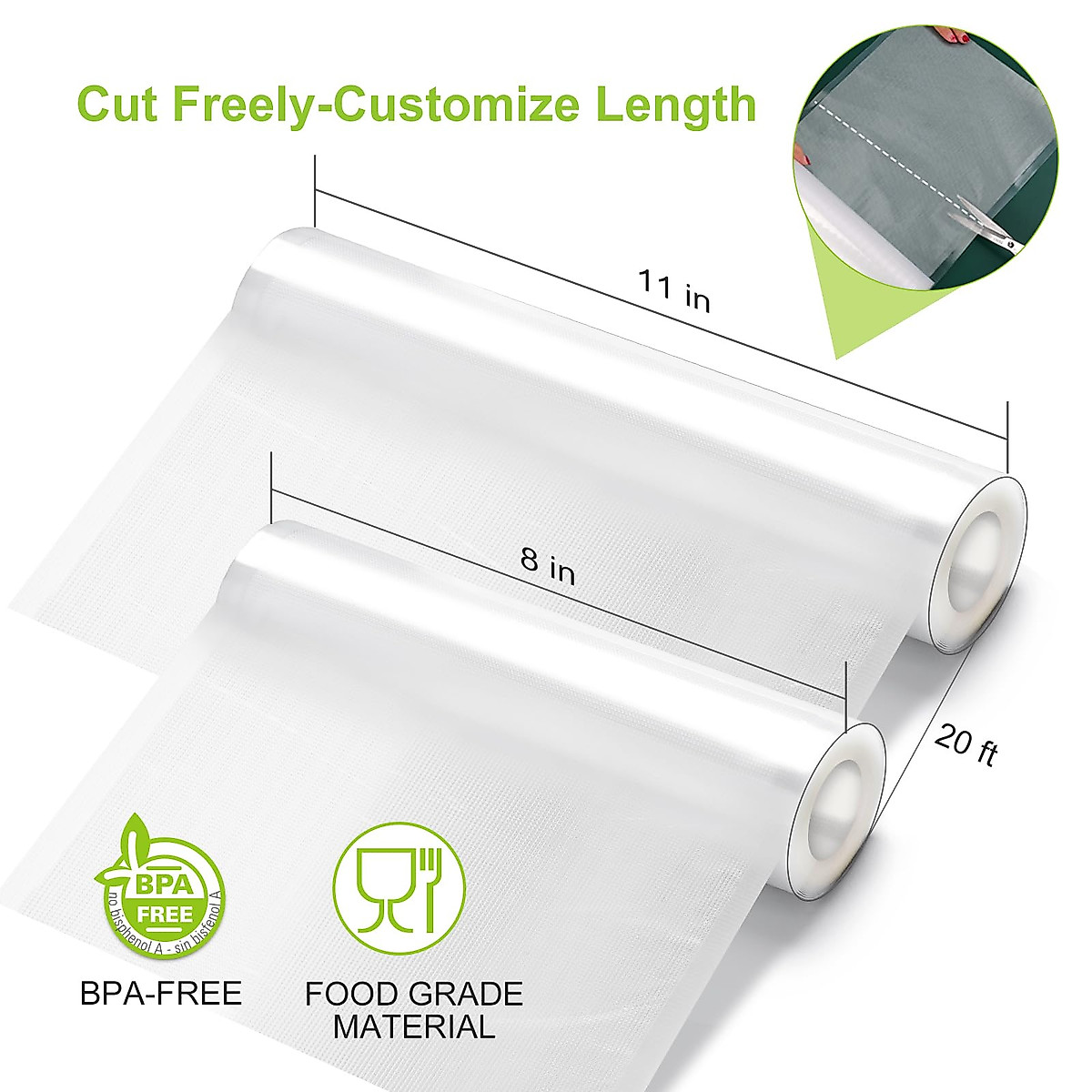 Bonsenkitchen Vacuum Sealer Rolls Bags, 6 Pack 11" x 20' 3 Rolls +8" x 20' 3 Rolls Storage Bags, BPA Free, Durable Commercial Customized Size Food Bags for Food Storage and Sous Vide Cooking VB3211