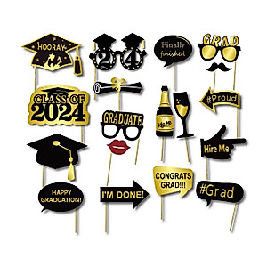2024 Graduation Selfie Photo Booth Frame Black and Gold with 18Pcs Graduation Photo Booth Props, Upgraded Version with Support Cardboard, 2024 Grad Party Pose Sign
