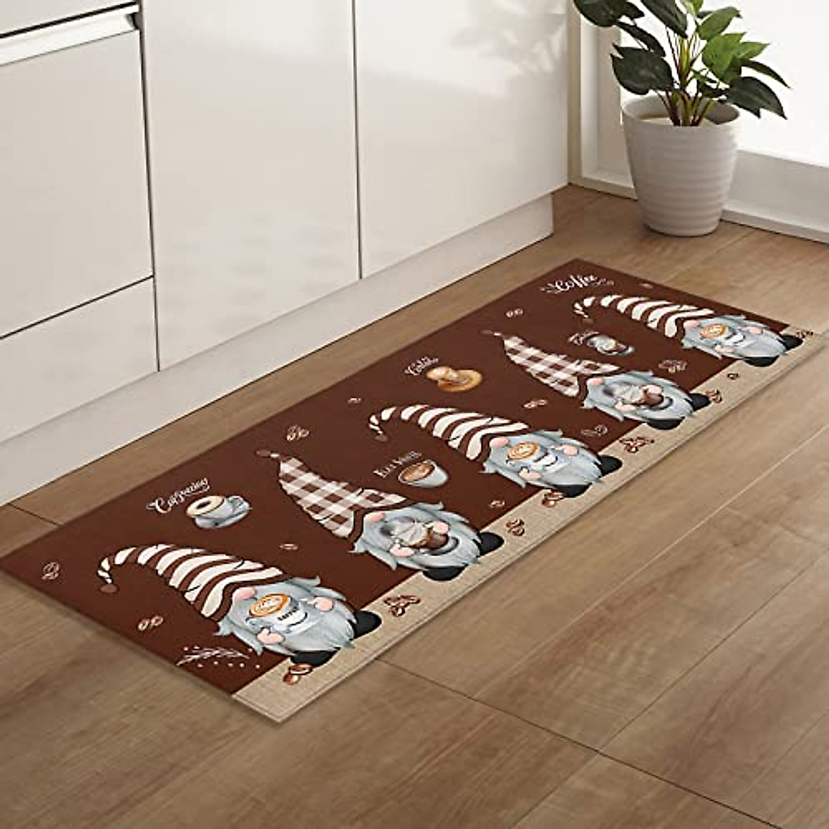Coffee Gnomes Kitchen Mat Set 2 Piece Kitchen Rugs, Farmhouse Brown Coffee Beans Soft Non-Slip Rubber Backing Floor Mats Doormat Bathroom Runner Area Rug Carpet, 19.7x31.5in + 19.7x47.2in