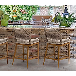US Furnishing Indoor and Outdoor Waterproof Hand-Crafted Stool, Counter Height Stool Bar High Home Back Dining Chair Comfortable Simple Beautiful (Counter 25), Beige. Brown (7889-cc)