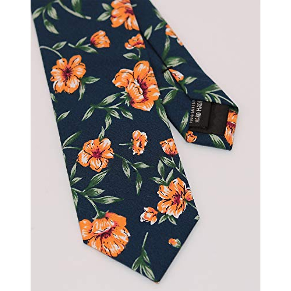 WITZROYS Men's Skinny Tie Floral Cotton Necktie and Tie Bar Clip Sets, Great for Weddings,Groom,Groomsmen (Blue & Orange #A4)