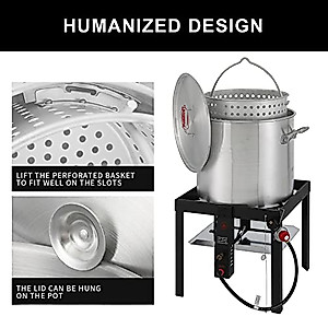 FEASTO 60QT Aluminum Boil Kit with Basket Perfect for Seafood Boiling and Steaming, Outdoor Propane Gas Cooker with Adjustable 0-10 PSI Regulator, Non-Assembly Frame Stand