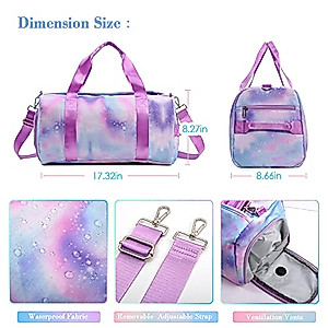 RUGICI Dance Bag for Girls Kids Travel Duffel Bags Waterproof Sports Gym Bag for Women, Tie-dye Teen Overnight Duffel Bag with Shoe Compartment Ballet Small Gym Bag（Silver Purple）