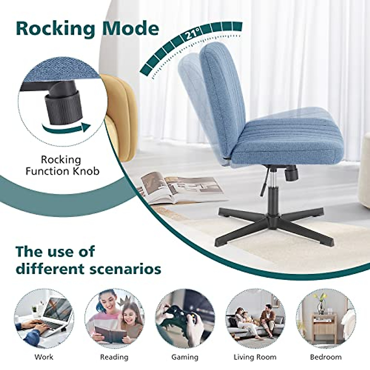 OLIXIS Cross Legged Armless Wide Adjustable Swivel Padded Fabric Home Office Desk Chair No Wheels, Blue