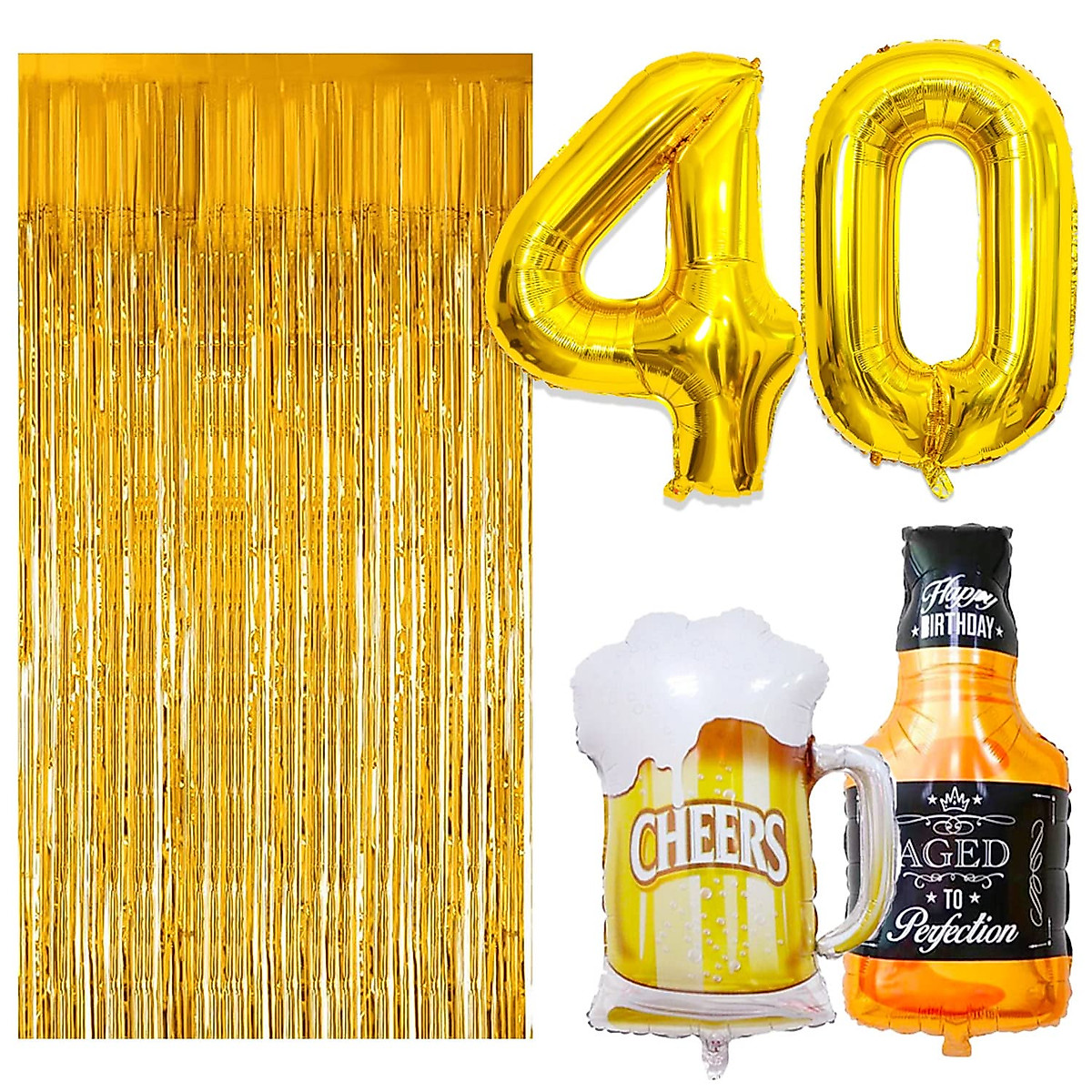 40th Birthday Decorations for Men, 40 Birthday Decorations with 40 Inch Gold 40 Number Balloons, Cheers to 40 Years Banner,Fringe Curtains and Cups Foil Balloons
