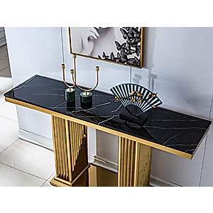 SSLine Real Marble Console Table,Modern Rectangular Luxury Marble Entryway Sofa Table Accent Table with 0.71" Thick Marble Top and Golden Double Pedestal Pillar Stainless Steel Base for Hallway