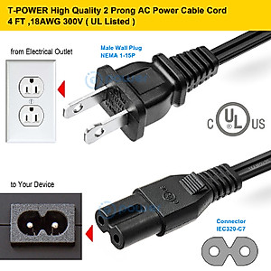 T POWER UL Listed 4FT 2 Prong Ac Lead Cable Cord for Haier Sony Insignia JVC Sharp TCL Toshiba Vizio Hisense Ultra HD Smart LED TV 26 28" 30" 32" 33" 40" 43" 49" 50" 55" 60" 65" LED Screen
