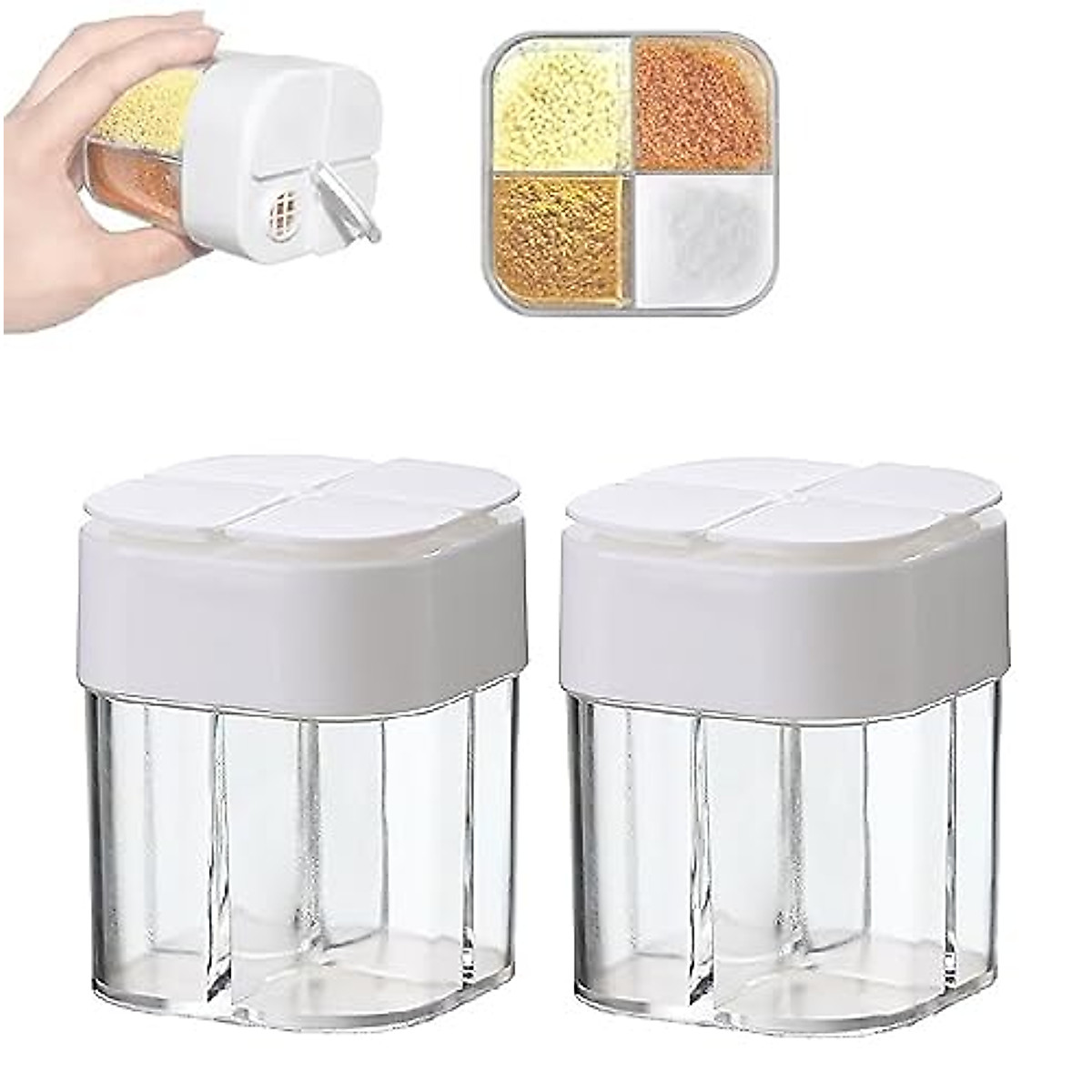 Spice Salt and Pepper Shakers, 4 In 1 Spice Jars,with Lid Plastic Spice Box, Travel Camping Seasoning Containers Transparent Cooking Spice Dispenser (White)