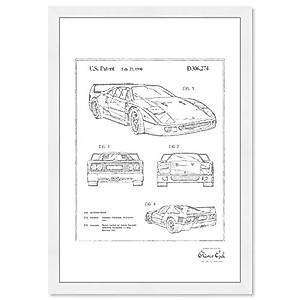 The Oliver Gal Artist Co. Vintage Transportation Wall Art Prints '_Ferrari F40 1990, Silver Metallic' Framed Blueprints Home Décor, 13" x 19", Gray, White