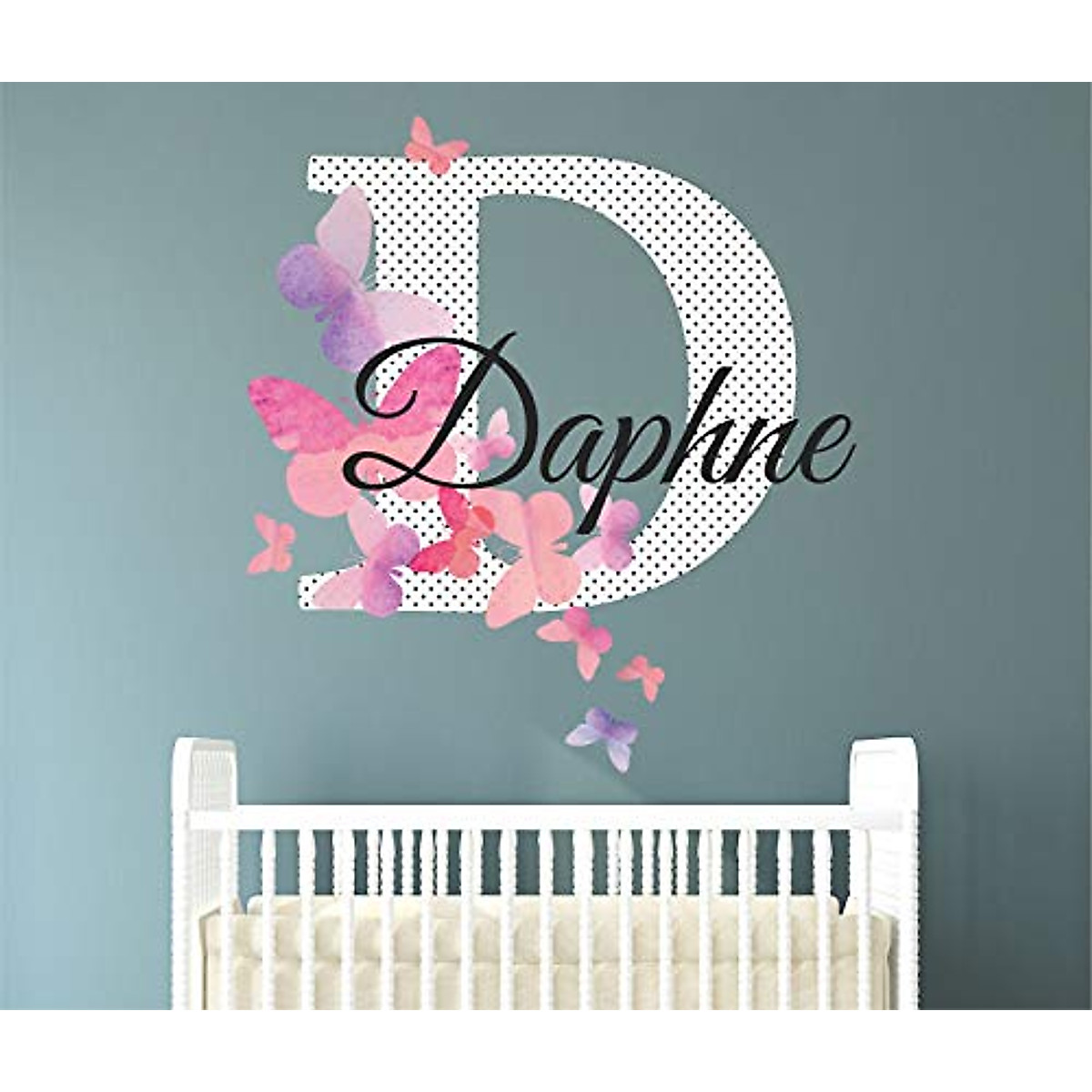 Girls Nursery Custom Name Personalized Watercolor Pink Butterfly Swirl and Polka Dot Initial Vinyl Wall Decal, Wall Decor Wall Stickers (Small)