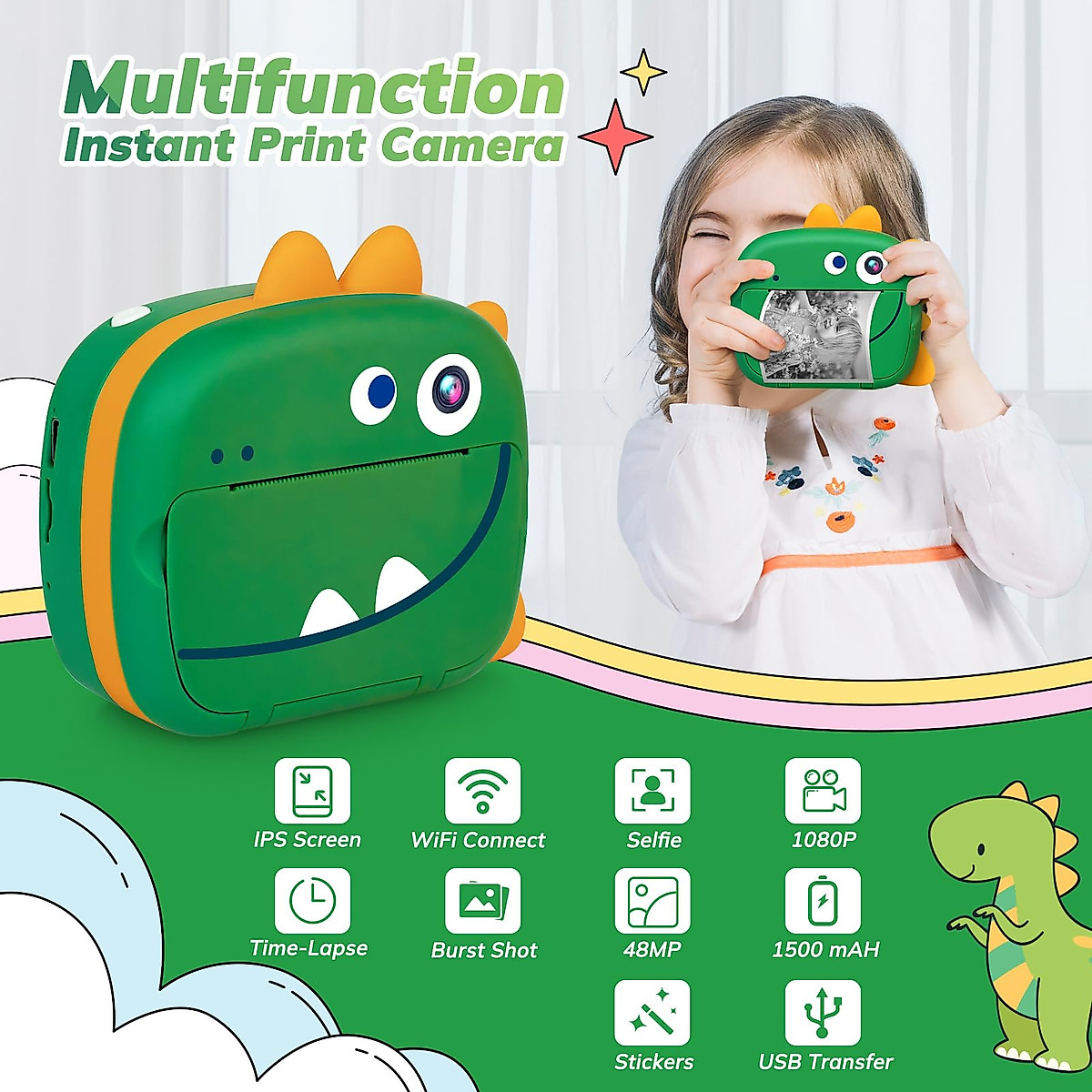 Instant Print Camera for Kids, HD Video Camera with Instant Printing, WiFi Connect with Mobile Album Printing, Color Pen Set and 32GB Card, Christmas Birthday Festival Gifts for Girls Boys Age 3-12