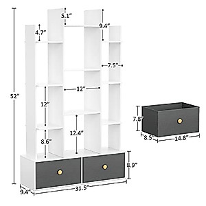 Unikito Bookshelf with 2 Drawers Free Standing Bookcase, Office Storage Shelf Organizer with 12 Open Bookshelves, Industrial Wood Book Case Display Rack for Bedroom, Living Room, Home Office, White