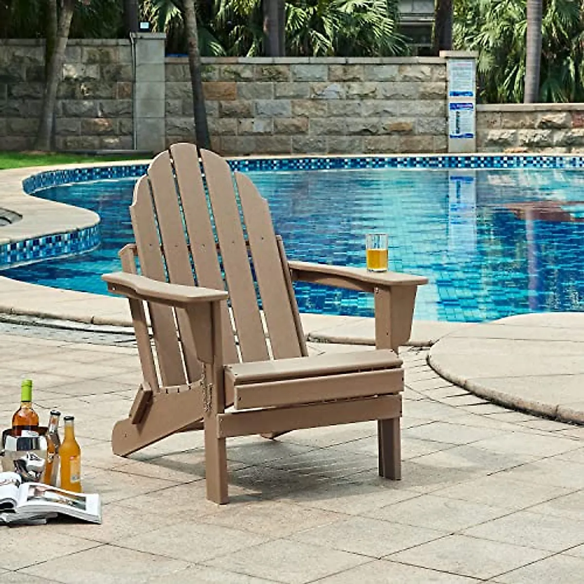 Classic Folding Adirondack Chair, Weather Resistant Patio Seating, Heavy Duty Poly Plastic Outdoor Chairs, Deck Fire Pit Garden Lawn Backyard Porch Chairs - Easy Assemble - Brown