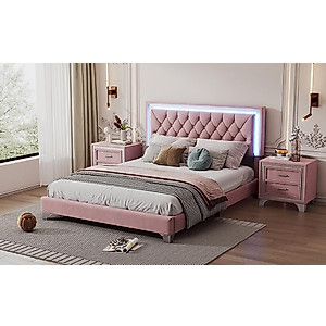Queen Size Velvet Upholstered Platform Bed Mattress Foundation w/Crystal Tufted Headboard&LED Light for Adult,Low Profile Panel Bed Frame w/Metal Legs&Wooden Slat Support for Bedroom Guestroom (Pink)