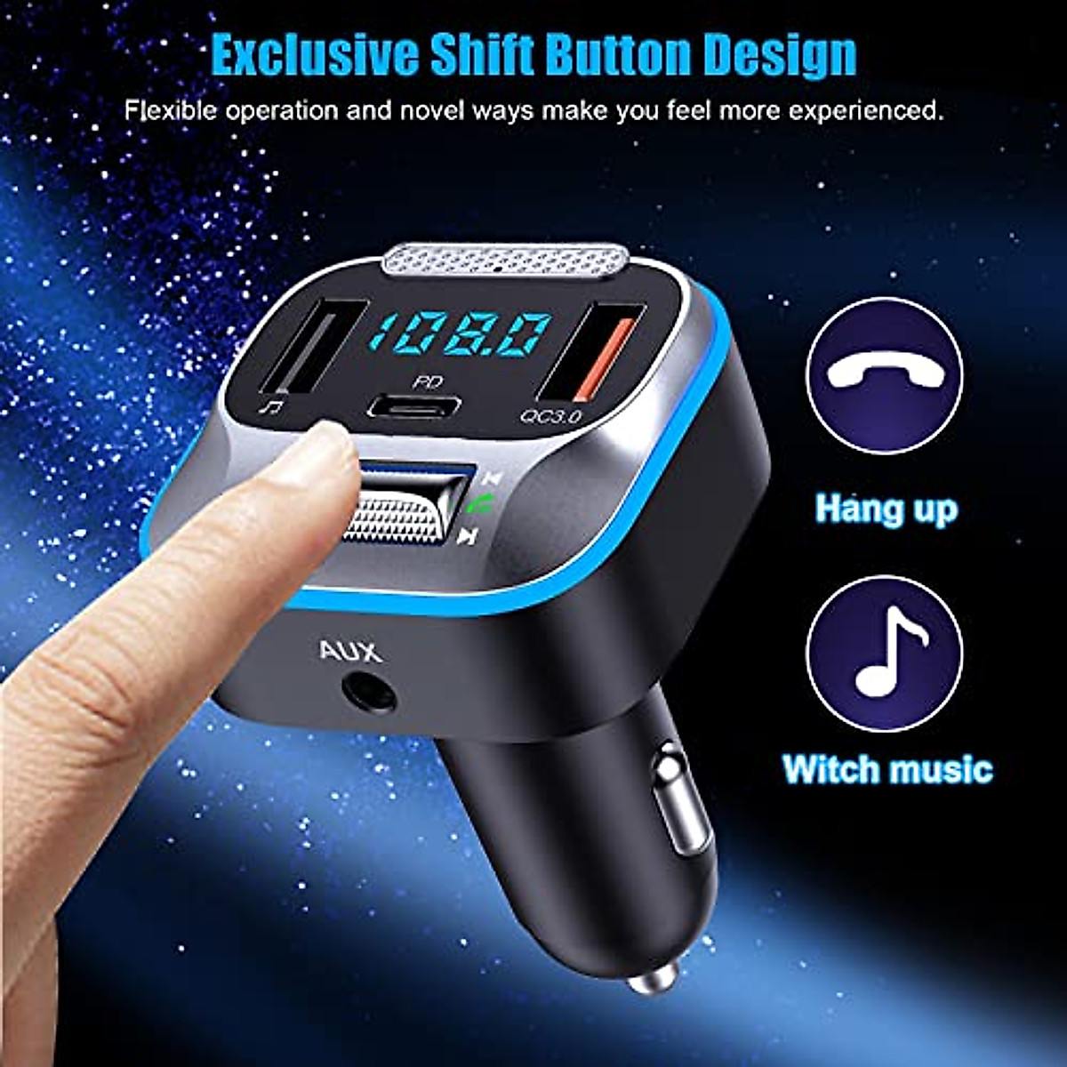 AVNICUD Bluetooth FM Transmitter, 2023 Stronger Hi-Fi Bass Sound Wireless Car Radio Adapter with 7 Colors LED, Hands Free Calls, 30W PD&QC3.0 Fast Charging AUX and U Disk Bluetooth Car Adapter