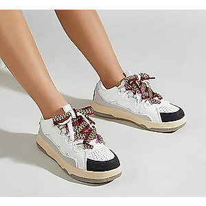 LUCKY STEP Women's Fashion Classic Leopard Leather Suede Sneakers Platform Casual Walking Tennis Club Flat Double Lace up Shoe(White,9B(M) US)