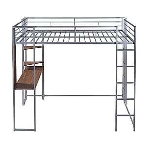 GINGVAT Full Size Metal Loft Bed with Desk and 2 Shelves,Metal Loft Bed Built-in Ladder,for Bedroom,Dorm,Apartment,Silver